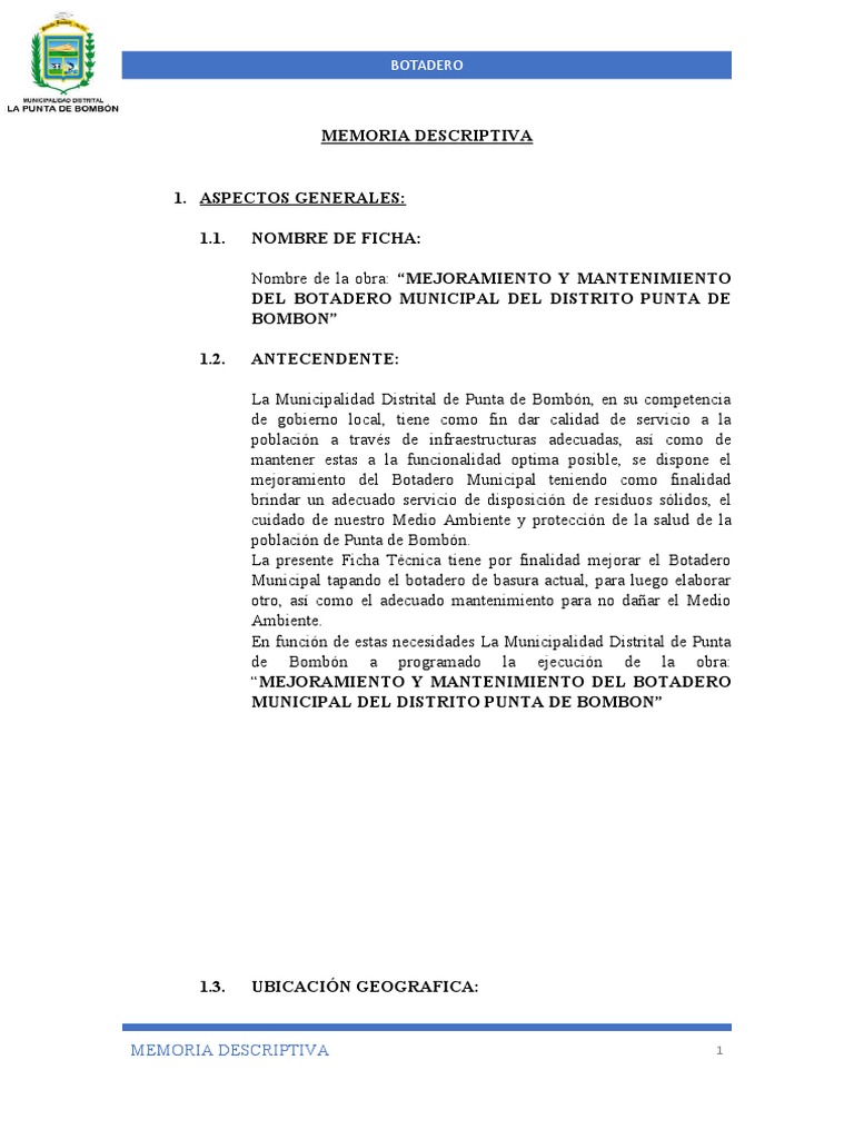Mejoramiento del Botadero en Punta de Bombón | PDF