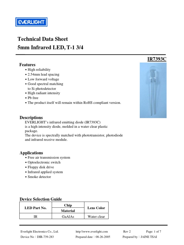 Technical Data Sheet 5mm Infrared LED, T-1 3/4: Features | PDF ...