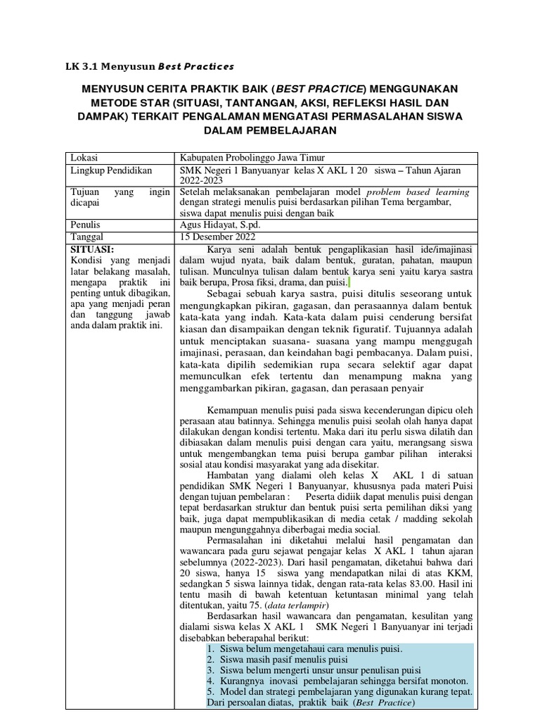 AGUS HIDAYAT 17 LK 3.1 Menyusun Best Practices Versi Rinci | PDF