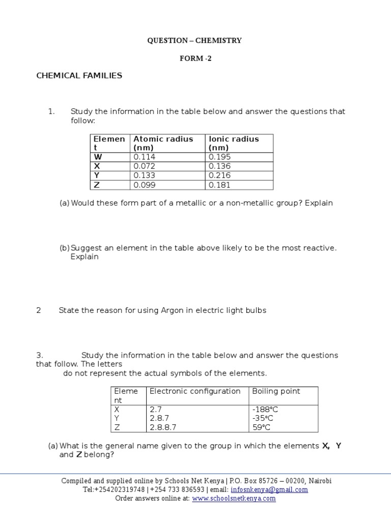 Chemistry Questions on Chemical Families | PDF | Chemical Elements ...