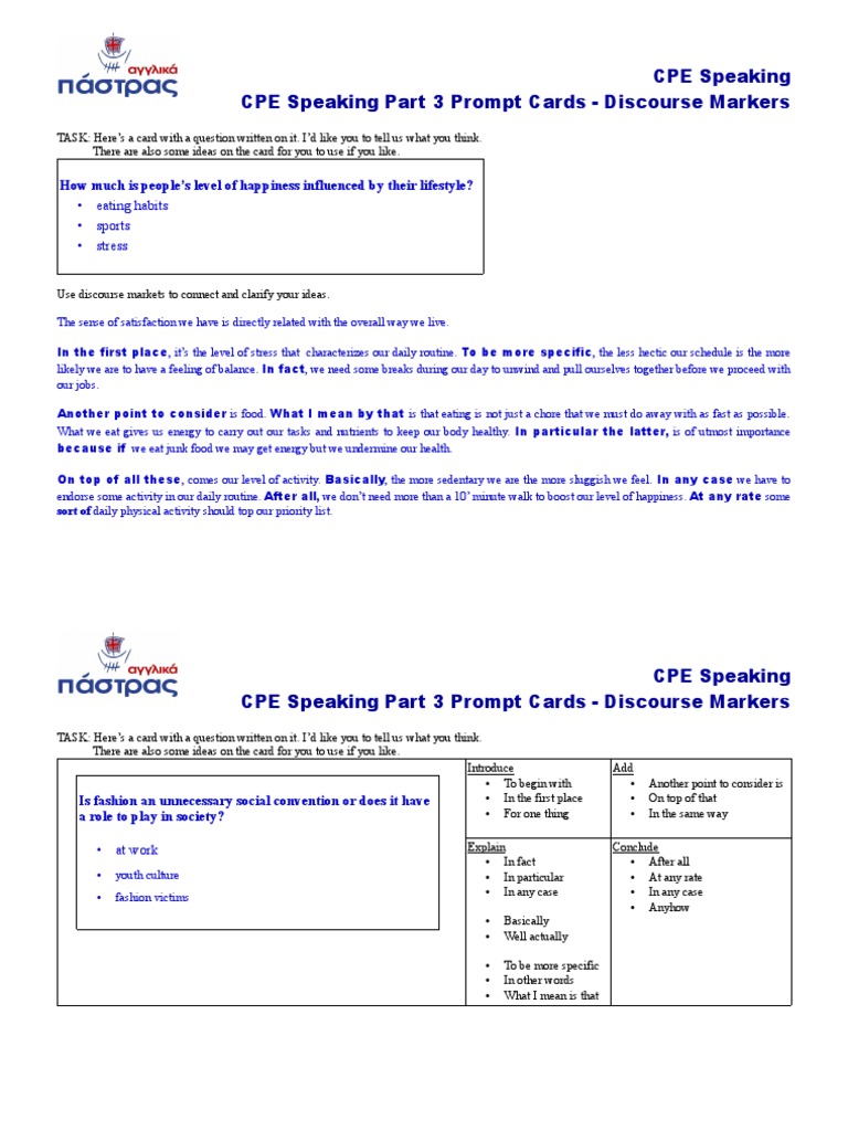 Cpe Speaking Part 3 Prompt Cards Discourse Markers | Download Free PDF ...