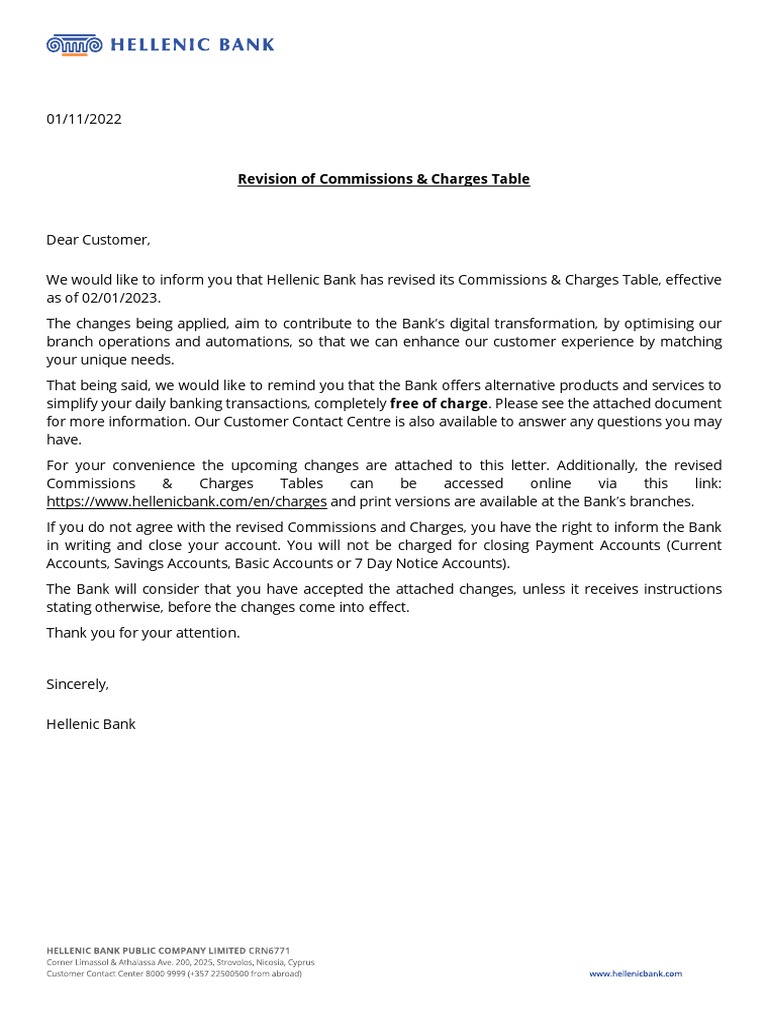 Revisions to Fees and Charges: Notification of Updates to Hellenic Bank ...