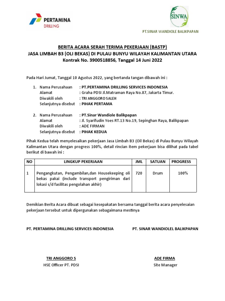 Berita Acara Serah Terima Pekerjaan | PDF