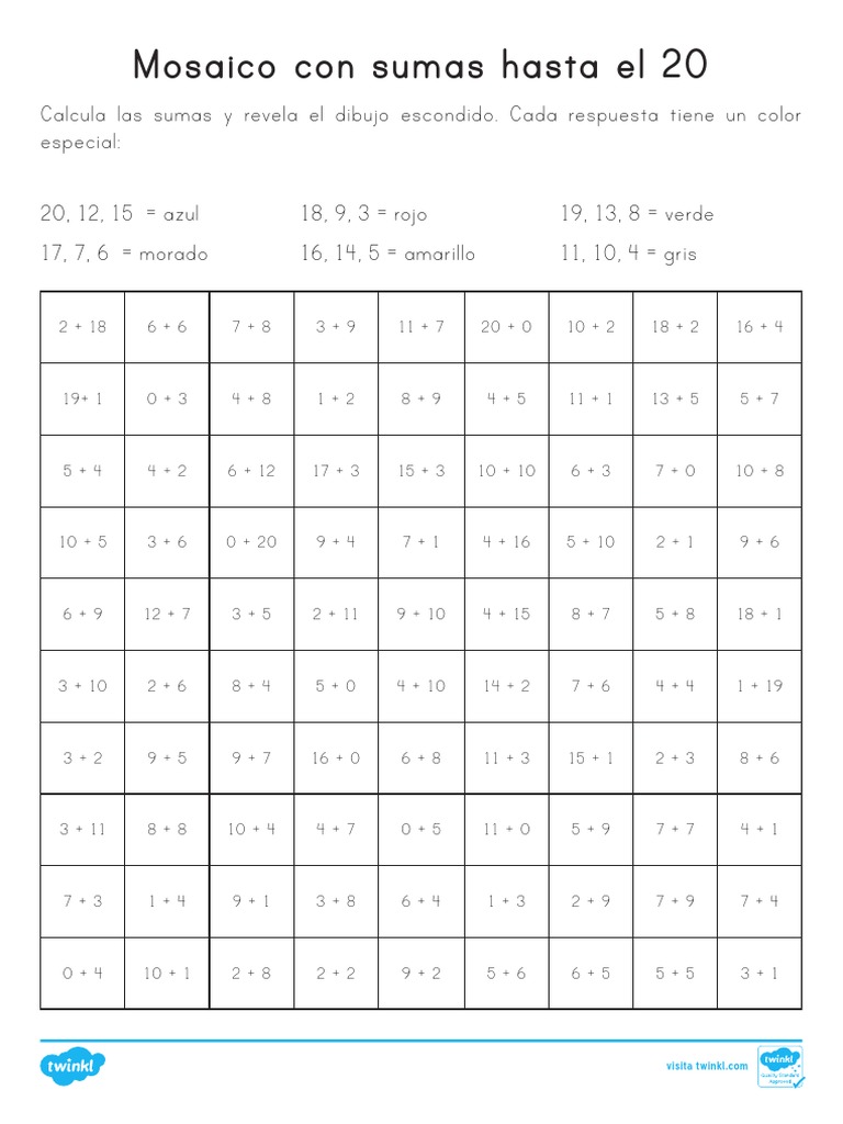 Mosaico Con Sumas Hasta 20 Colorear Con Numeros | PDF