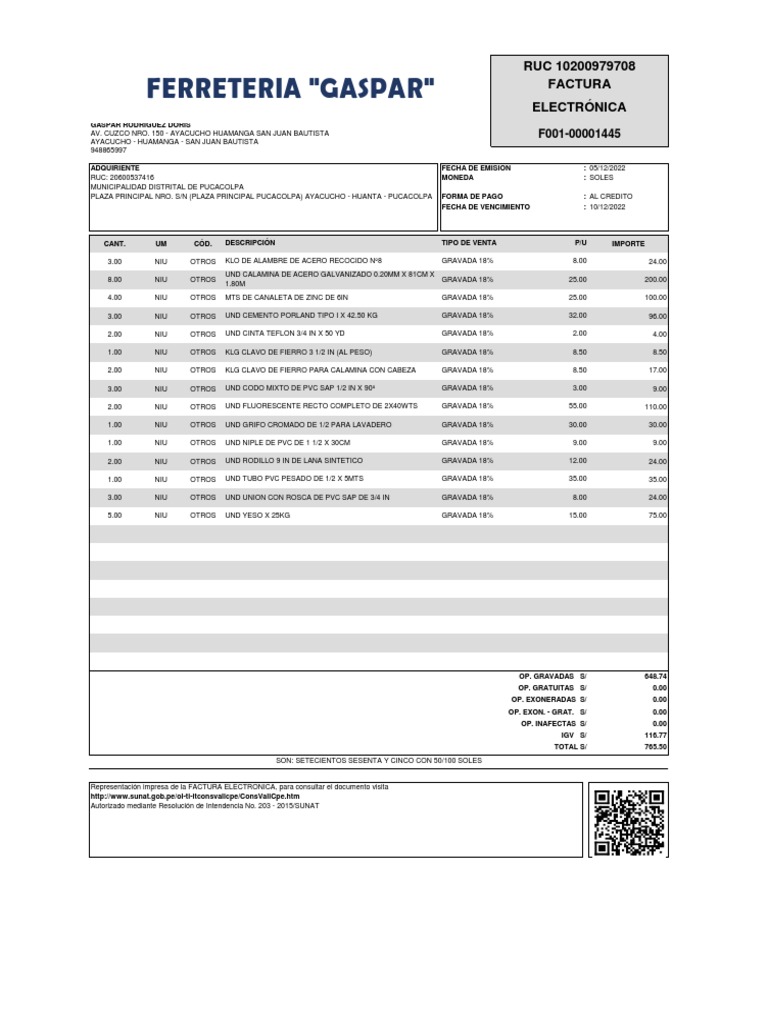 Ferreteria "Gaspar": RUC 10200979708 Factura Electrónica | PDF