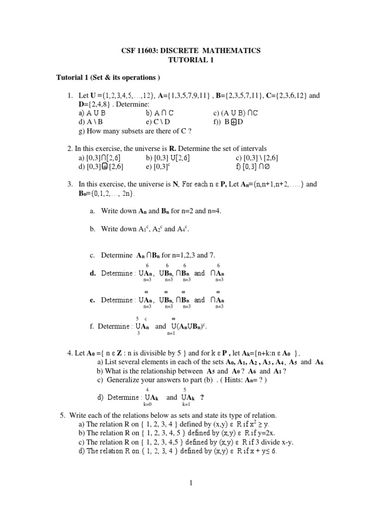 CSF 11603: Discrete Mathematics Tutorial 1 Tutorial 1 (Set & Its ...
