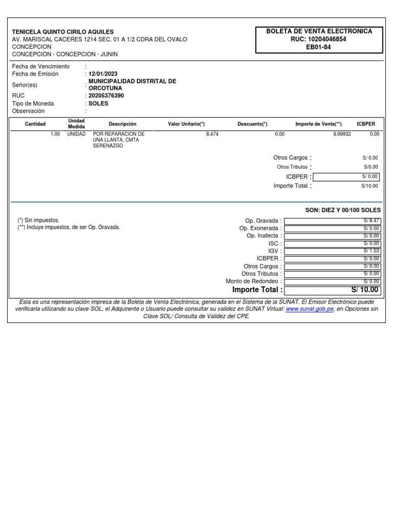 Boleta de Venta Electrónica - Orcotuna | PDF
