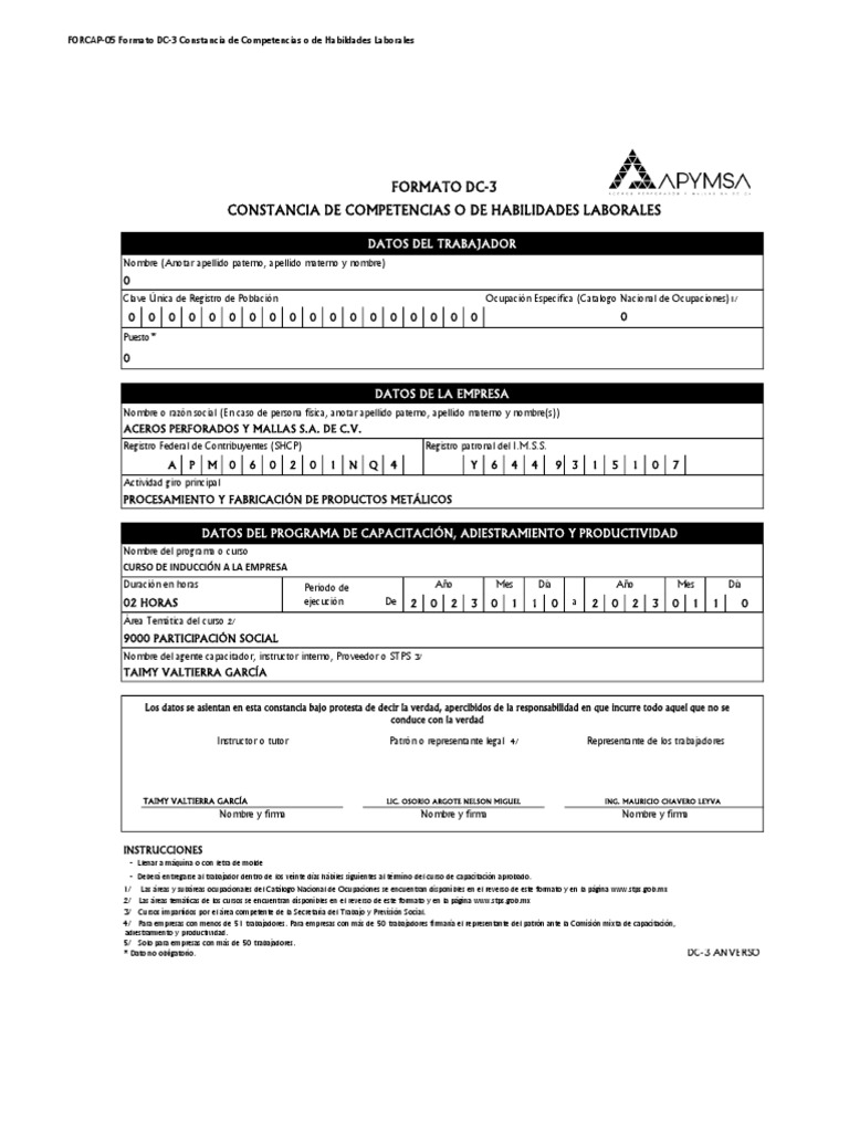 Formato Dc-3 Constancia de Competencias O de Habilidades Laborales | PDF | Economias