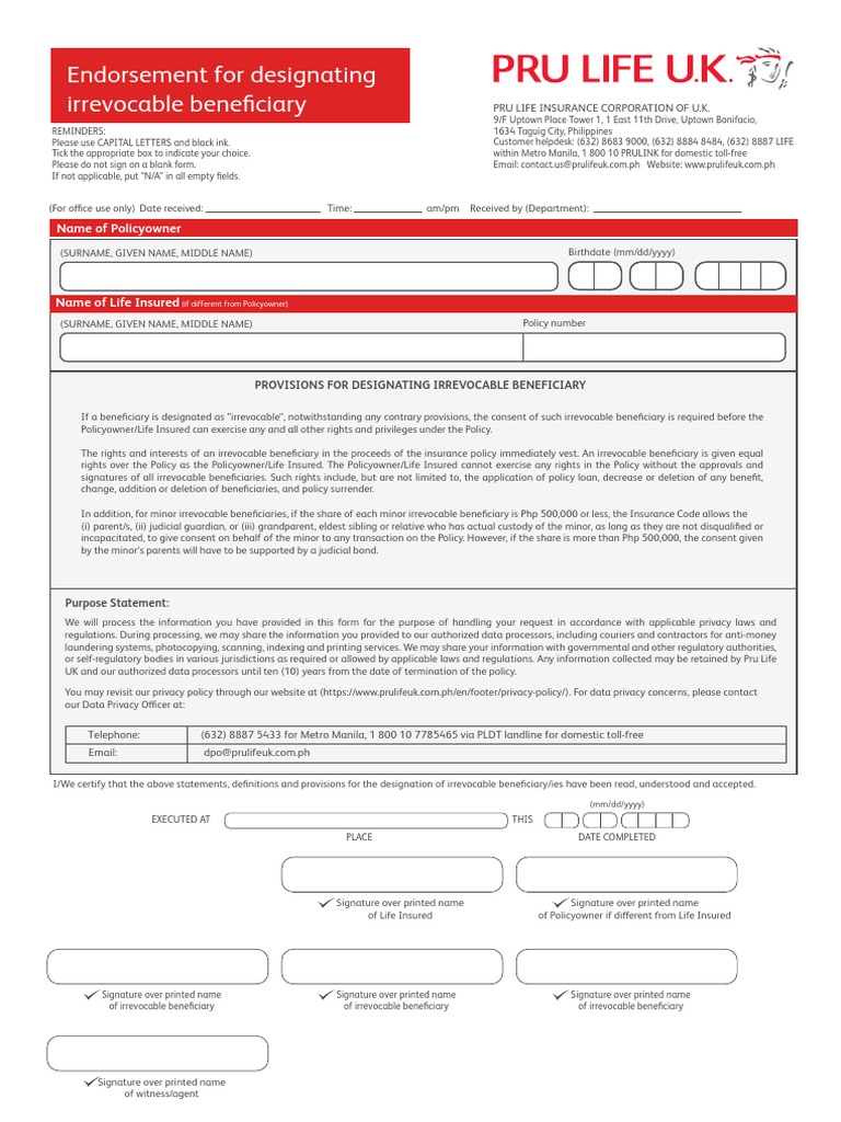 25 Mar 2022 Endorsement For Designating Irrevocable Beneficiary Form Fillable | PDF | Government ...