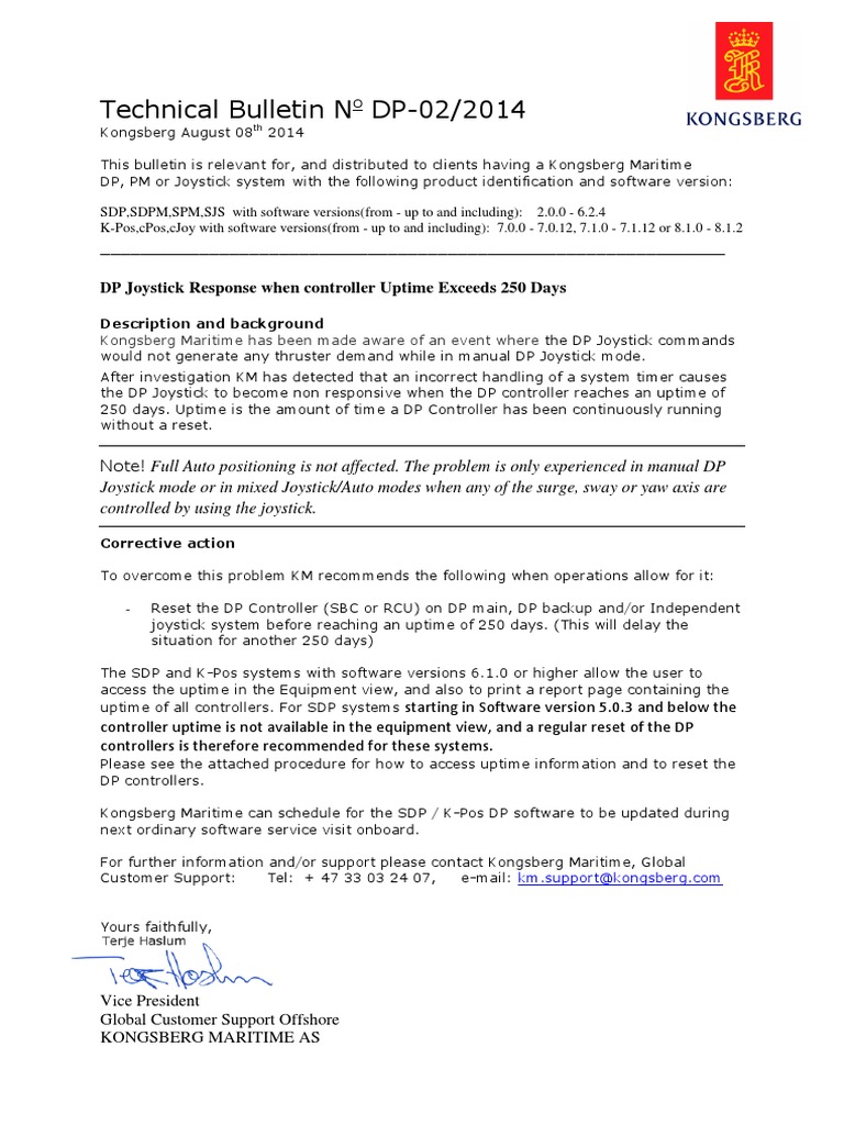 Technical Bulletin - DP02-2014 DP Joystic Responce When Controller Uptime Exceeds 250 Days | PDF ...