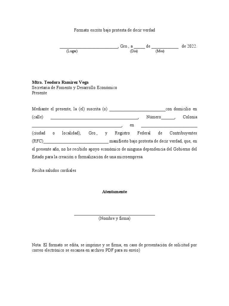 Formato Escrito Bajo Protesta Decir Verdad | PDF