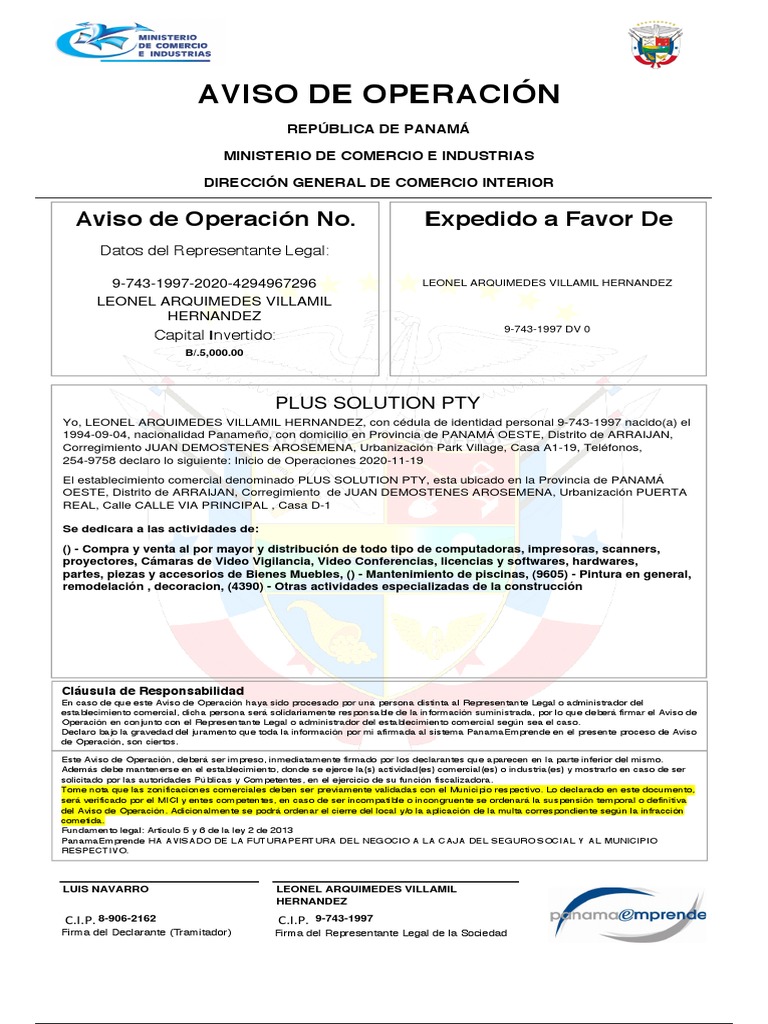 Aviso - Operacion - 9 743 1997 2020 4294967296 | PDF | Panamá