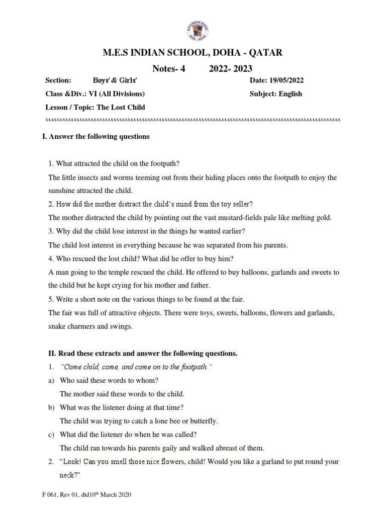 ENGLISH NOTES CLASS 6 The Lost Child MES | PDF