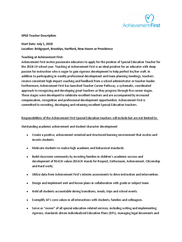 SPED Teacher Job Description | PDF | Teachers | Special Education