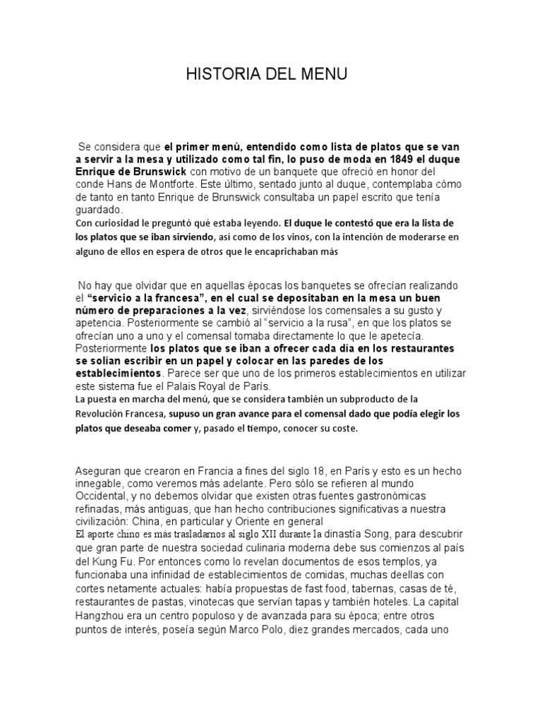Historia Del Menu | PDF | Menú | Alimentos