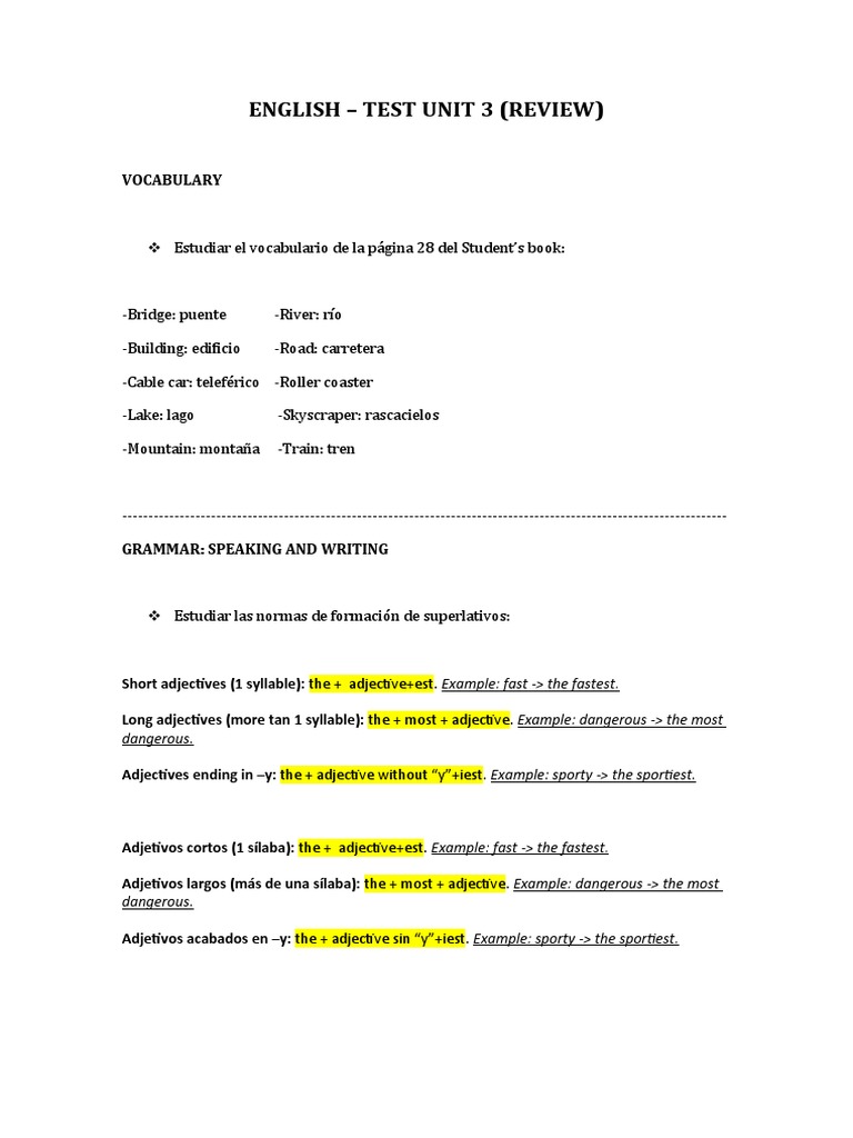 ENGLISH Review Unit 3 | PDF