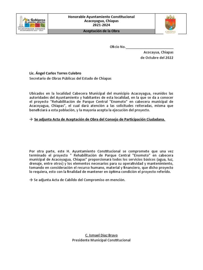 Acta De Aceptacion De Obra Images And Photos Finder/carta De Recepcion