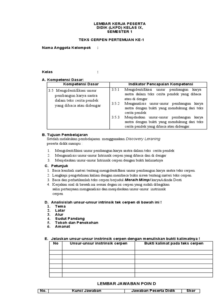 Lembar Kerja Peserta Didik (LKPD) Kelas Ix, Semester 1 Teks Cerpen ...