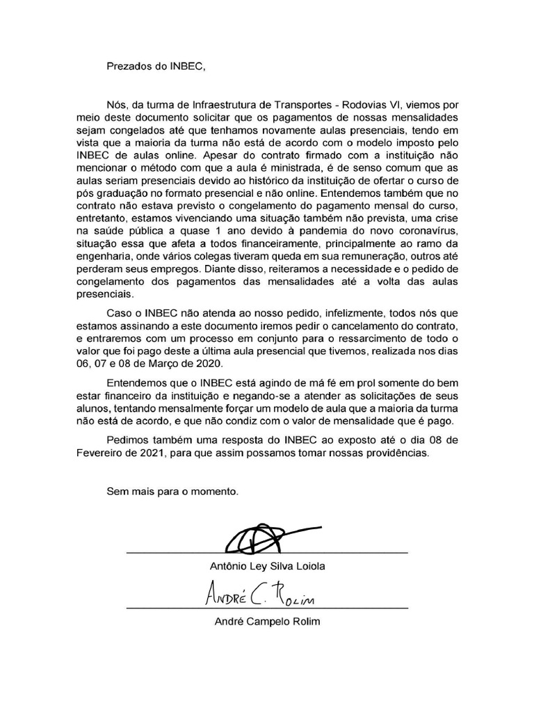 Carta Ao Inbec - Alunos Eitr Vi | PDF