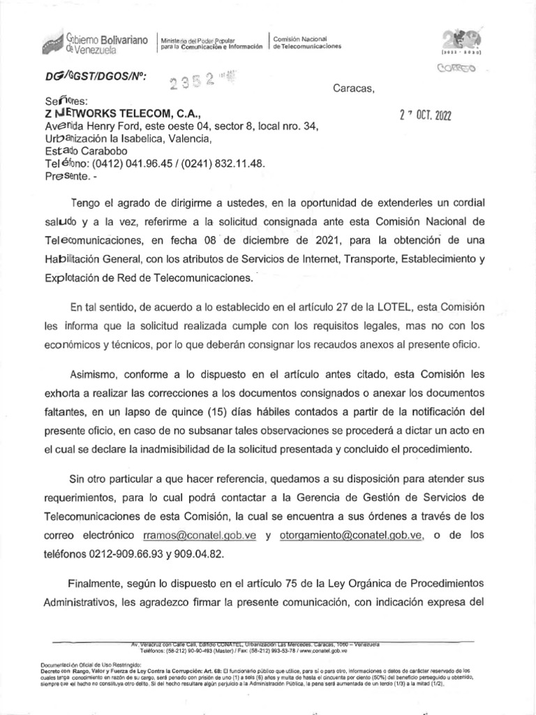 Oficio 2352 - Recaudos Z Networks Telecom | PDF