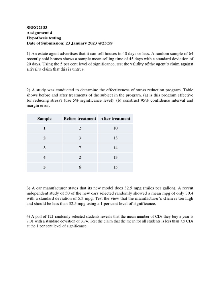 Hypothesis Testing Assignments Overview | PDF