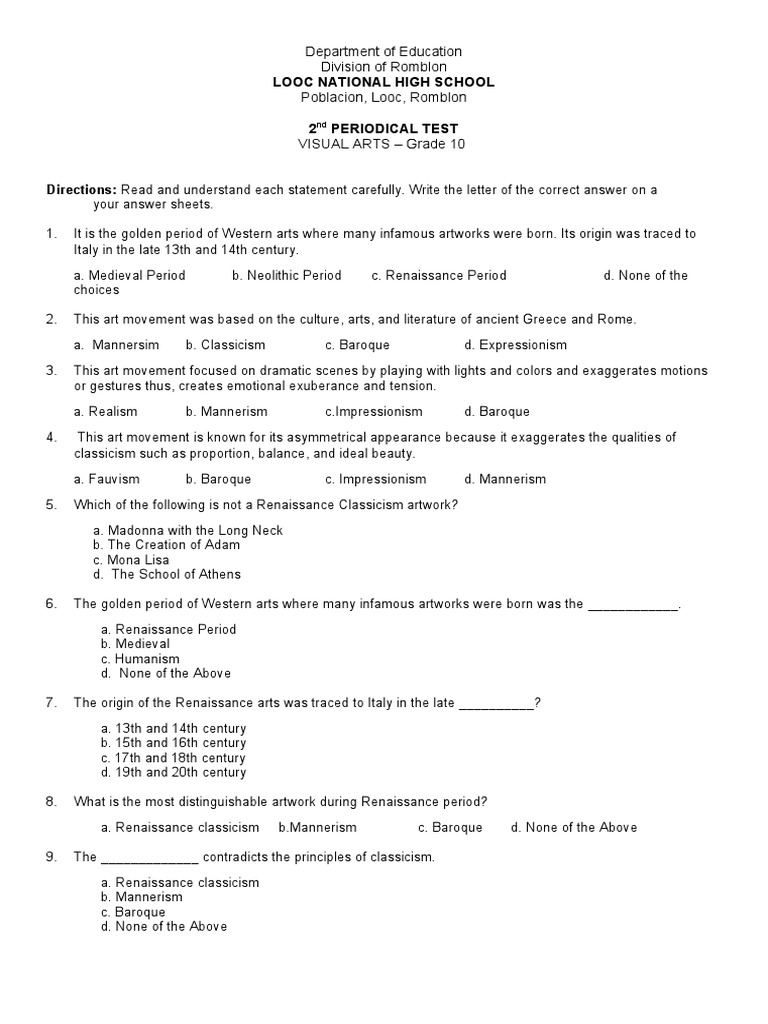 Grade 10 Visual Arts: Renaissance Focus | PDF | Renaissance | Classicism