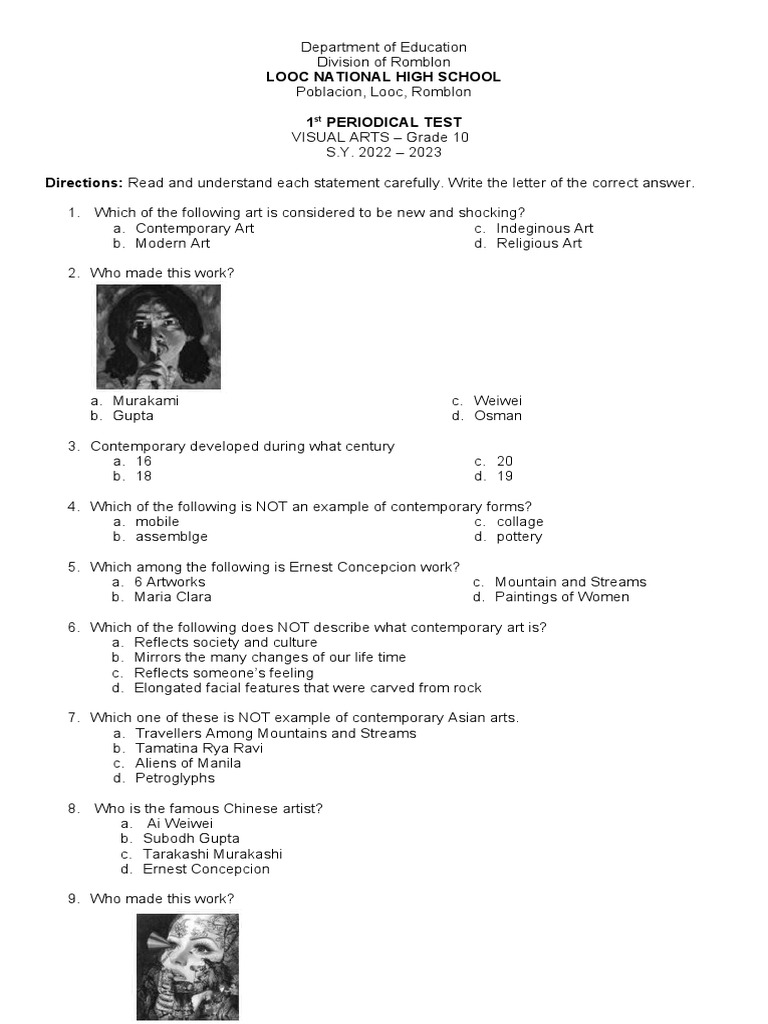 Grade 10 Visual Arts Periodical Test | PDF | Paintings | The Arts