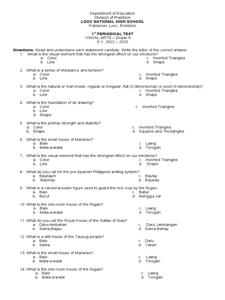 Grade 9 Visual Arts Periodical Test | PDF | Philippines