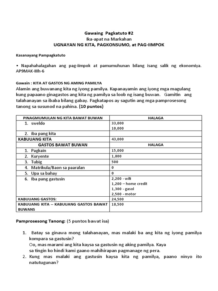 Performance Task No. 2 Ugnayan NG Kita Pagkonsumo at Pag Iimpok | PDF Performance Task No. 2 Ugnayan NG Kita Pagkonsumo at Pag Iimpok | PDF