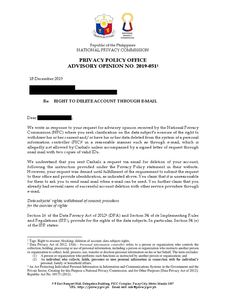 (Redacted) Advisory Opinion No. 2019-051 RIGHT TO DELETE ACCOUNT ...