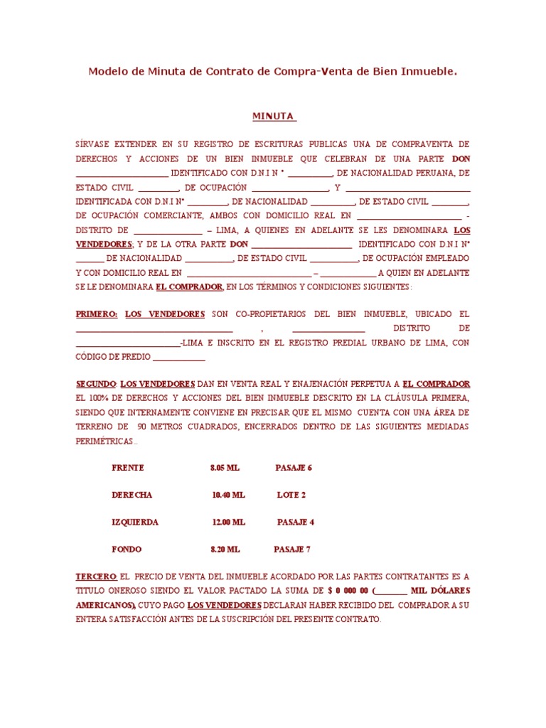 Modelo de Minuta Contrato de Compra Venta de Bien Inmueble | PDF | Derecho y economía | Derecho ...