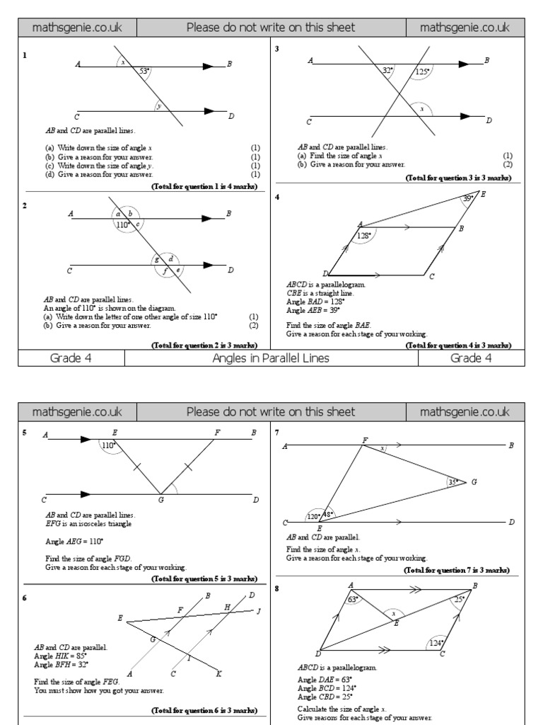 4 Angles in Parallel Lines Ws | PDF | Geometry | Elementary Mathematics