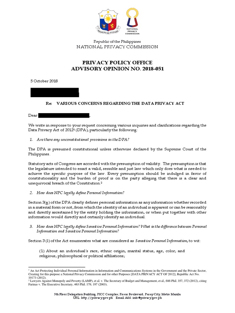 AONo - 2018-051 - VARIOUS CONCERNS REGARDING THE DATA PRIVACY ACT | PDF ...