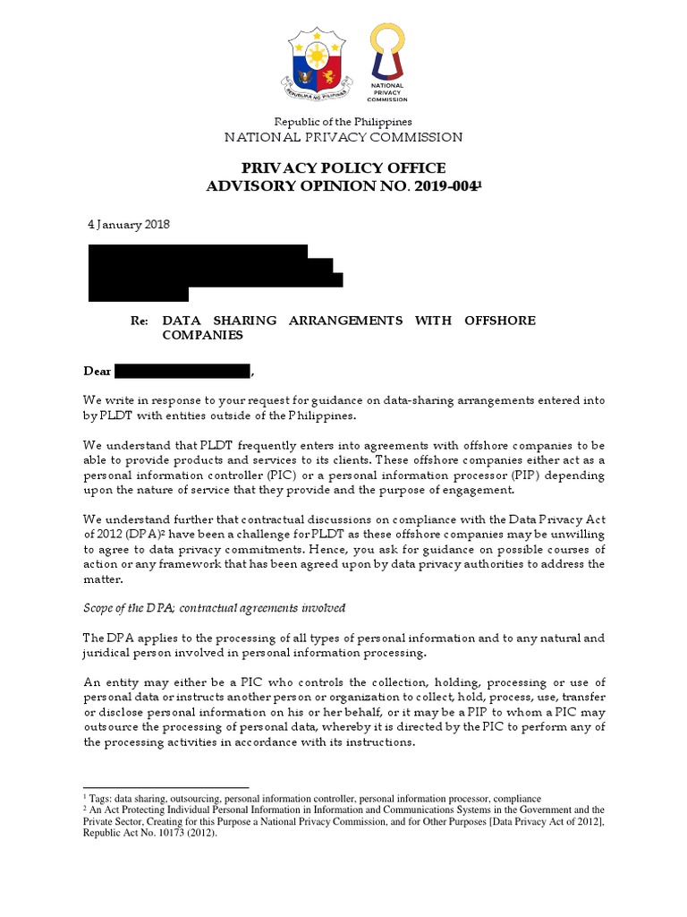 Advisory Opinion No. 2019-004 - DATA SHARING ARRANGEMENTS WITH OFFSHORE ...