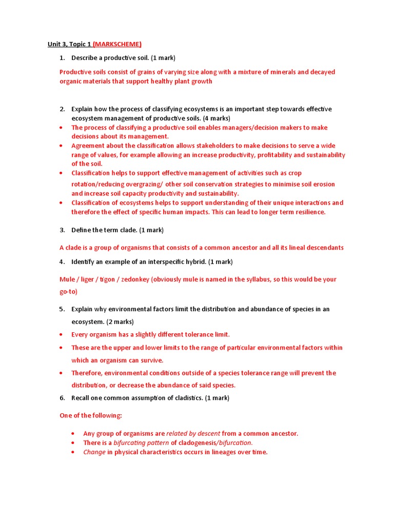 Unit 3 Topic 1 Markscheme | Download Free PDF | Soil | Biology