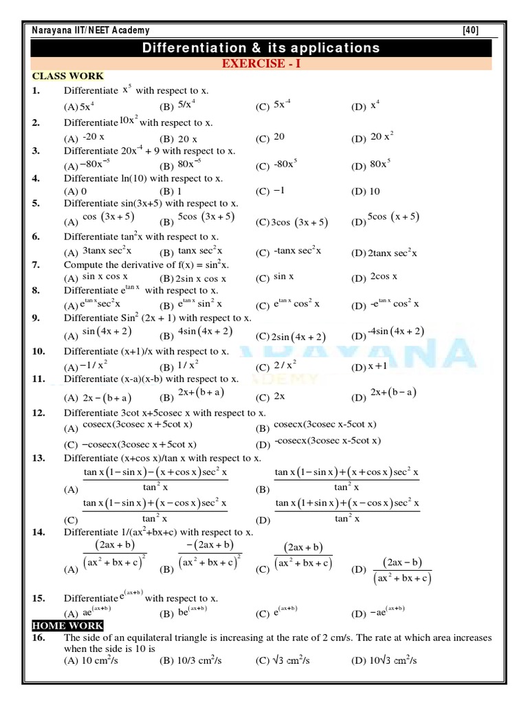 Differentiation Exercises and Solutions | PDF | Area | Theoretical Physics
