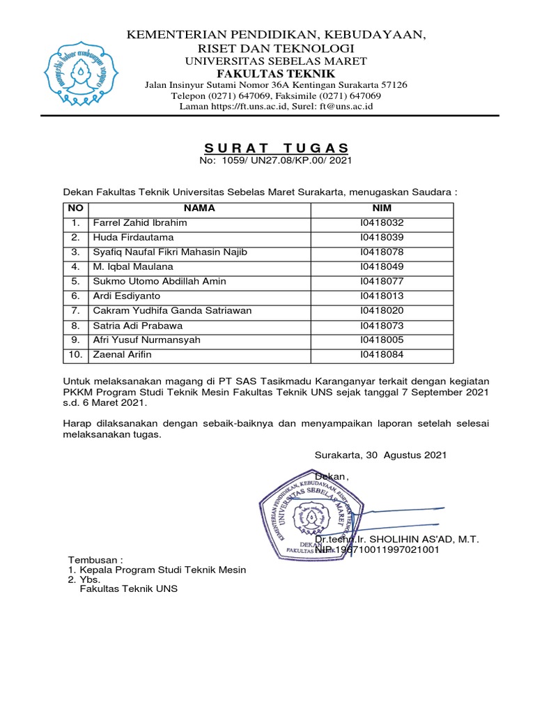 Surat Tugas Mahasiswa Teknik Mesin FT UNS | PDF