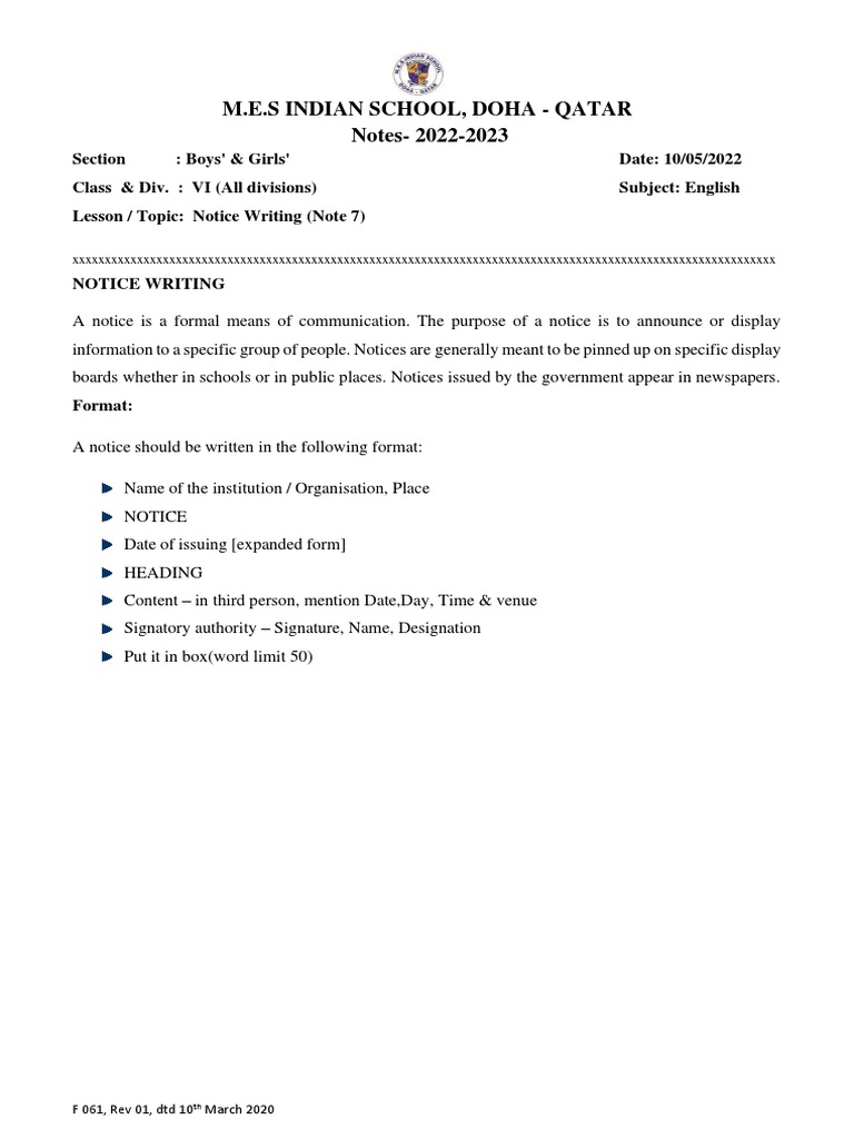 English Class 7 - Notes 6 - Notice Writing | PDF