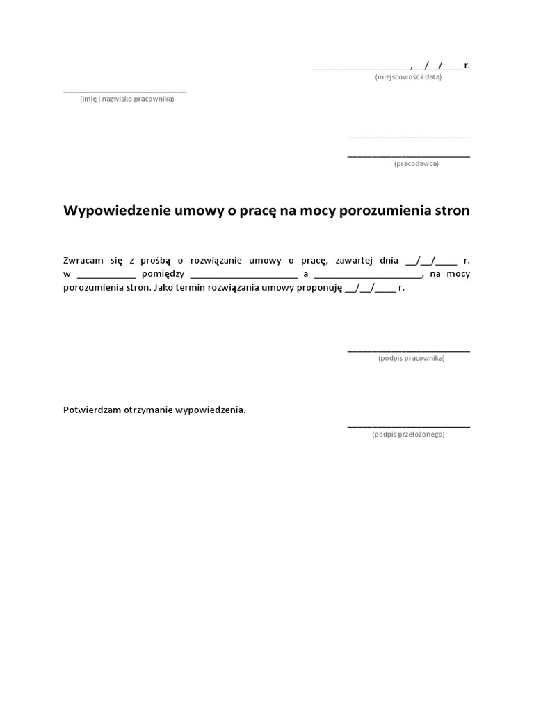 Wypowiedzenie Umowy Za Porozumieniem Stron | PDF
