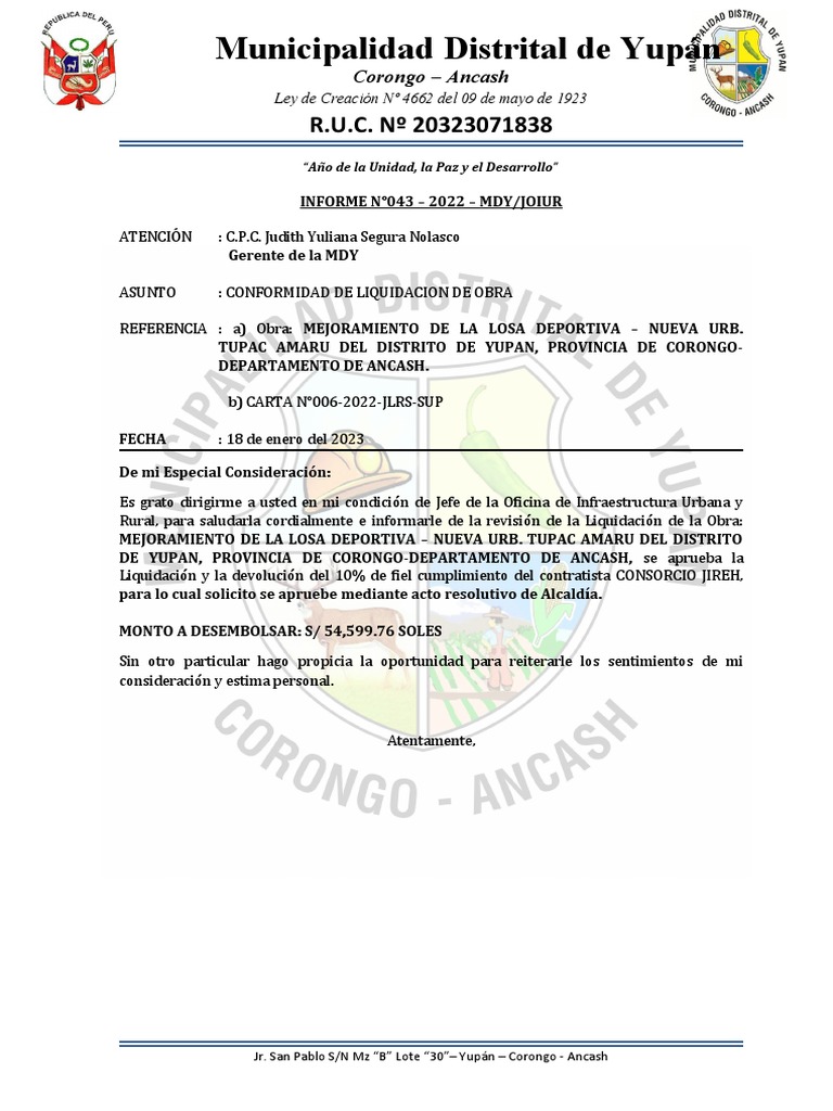 Liquidación Obra Losa Deportiva Yupán | PDF