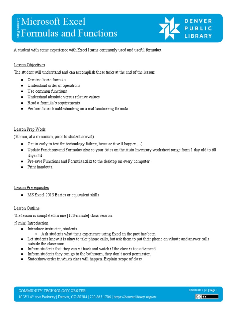 Microsoft Excel - Formulas and Functions Lesson Plan | Download Free ...