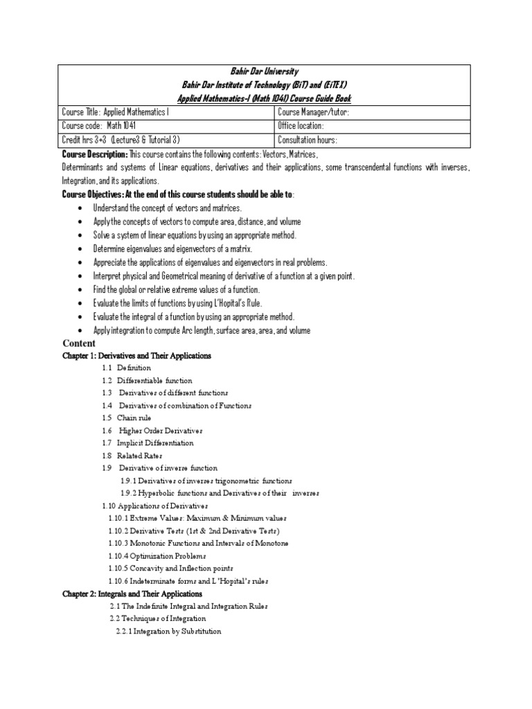 Math 1041 (Lecture Note) | PDF | Maxima And Minima | Matrix (Mathematics)