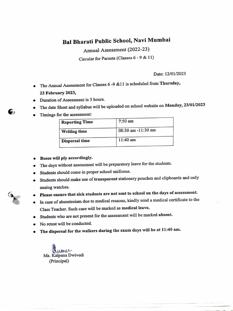 Circular For Parents Annual Assessment (Classes 6-9 & 11 | PDF