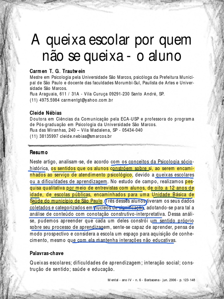 A Queixa Escolar Por Quem Não Se Queixa - o Aluno Grifado | PDF | Aprendizado | Pensamento