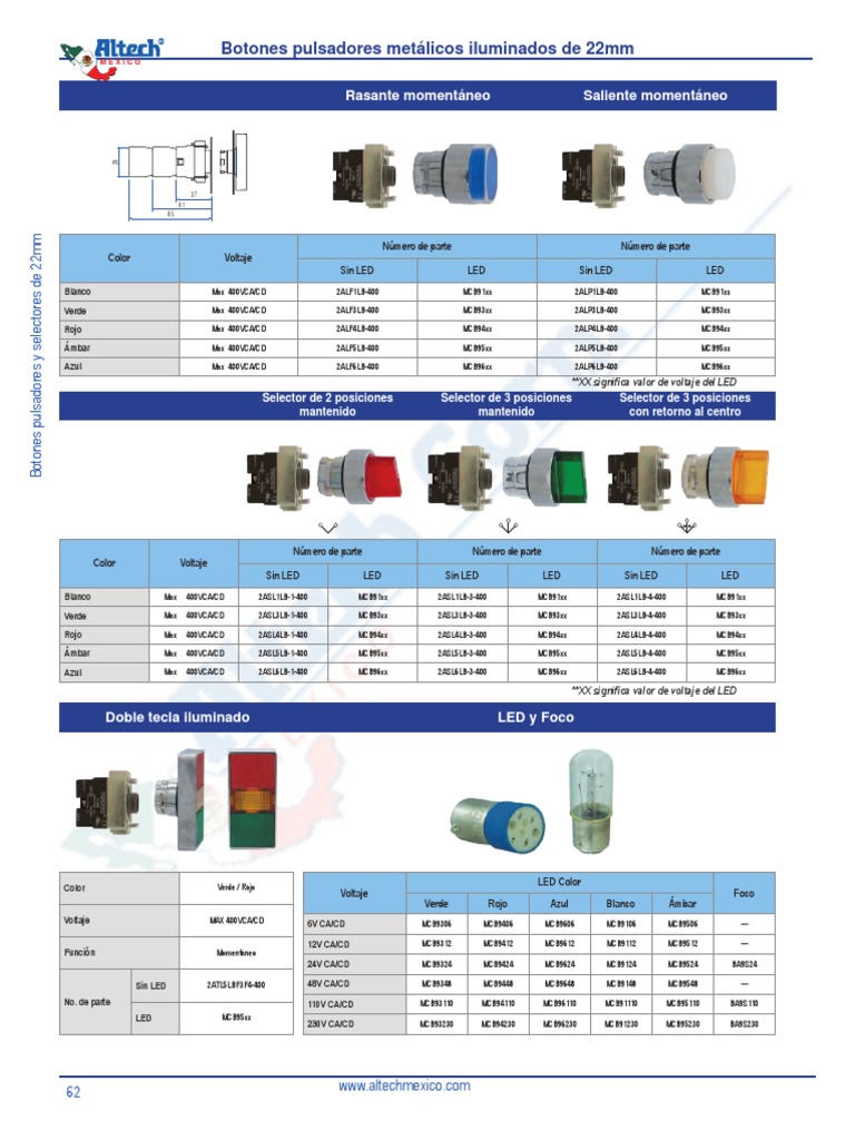 Botones Pulsadores Metálicos Iluminados de 22mm: Rasante Momentáneo ...
