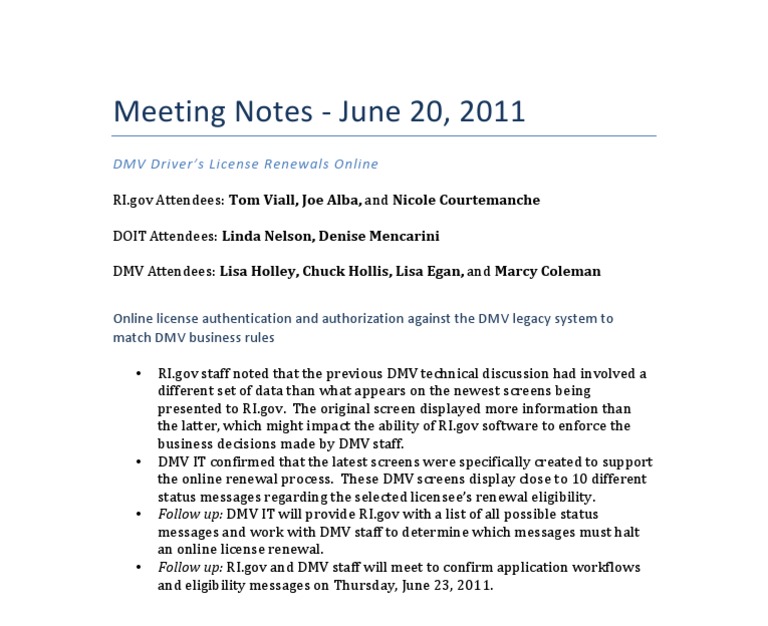 Rhode Island Division of Motor Vehicles Meeting Note | Download Free ...