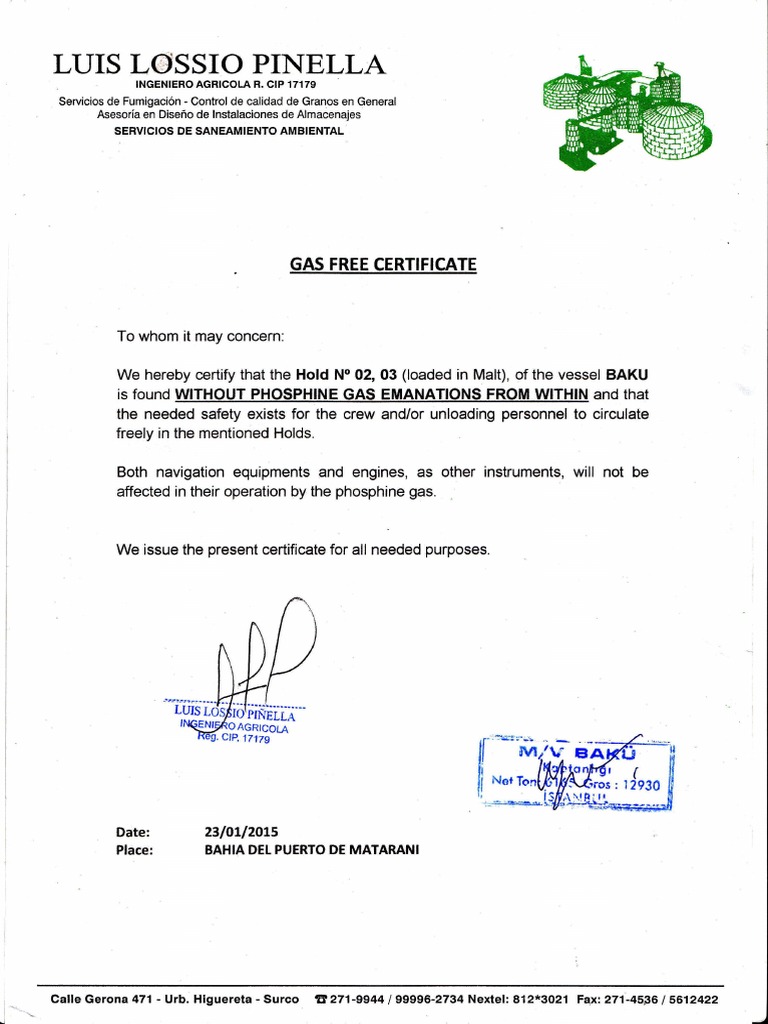 Gas Free Certificate for Vessel BAKU | PDF