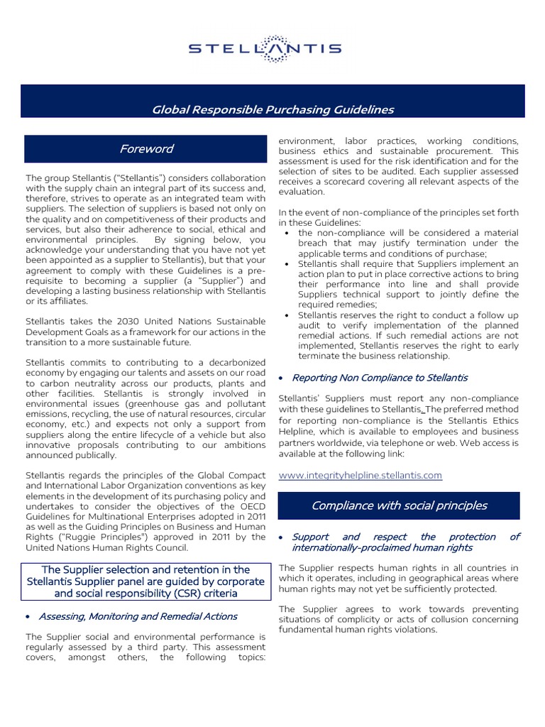 Stellantis Responsible Purchasing Guidelines | PDF | International Labour Organization | Supply ...