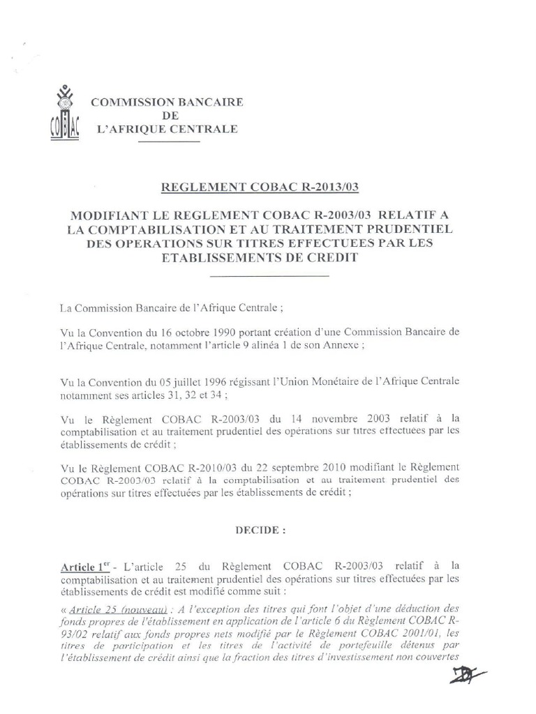 Reglement Cobac R-2013-03 Comptabilisation Traitement Prudentiel Titres ...