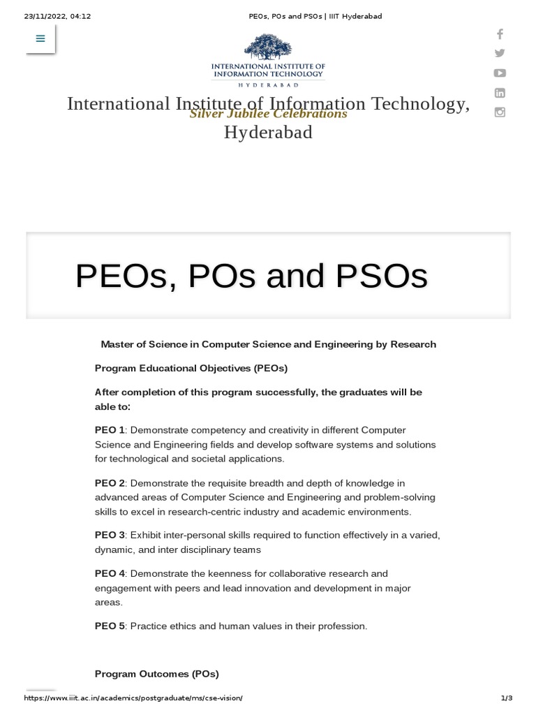 PEOs, POs and PSOs - IIIT Hyderabad | PDF | Engineering | Science
